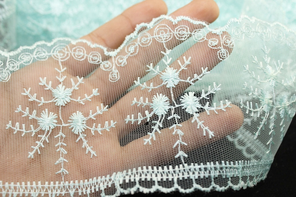 90 mm Turquoise Organza Lace trim, embroidered lace fabric , 3.50 inch ...