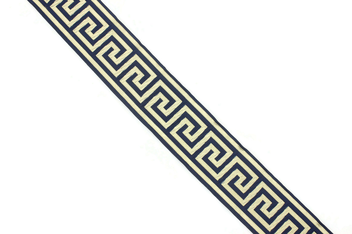50 mm Navy Blue/Golden Greek key ribbon, Jacquard Trims (1.96 inches ...