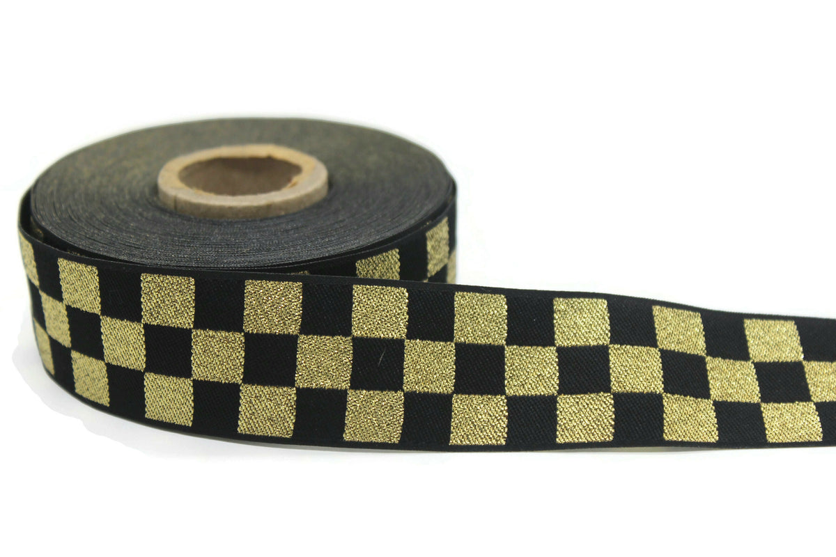 30 mm Golden checkers ribbon, Checkerboard ribbon, Christmas jacquard ...