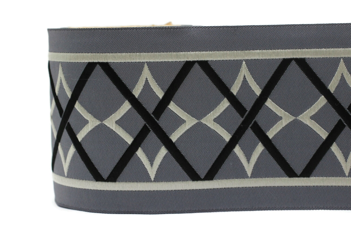 100 mm Gray-White Embroidered Ribbon (3.93 inch) | Jacquard Trims | Se ...