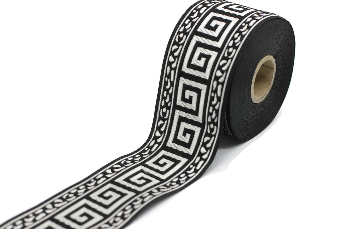 50 mm Black&Silver Greek key ribbon, Jacquard trims (1.96 inches), vin ...
